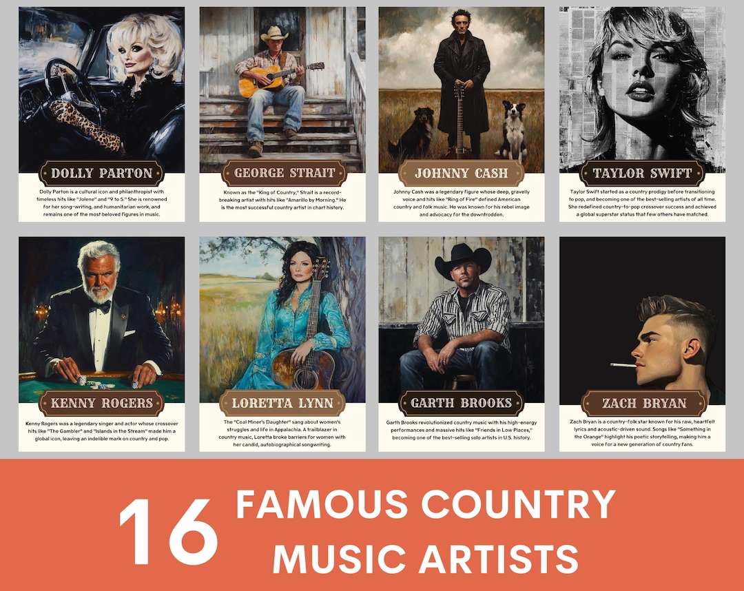Famous Country Music Artists (set of 16 Posters), Country Music Artists ...