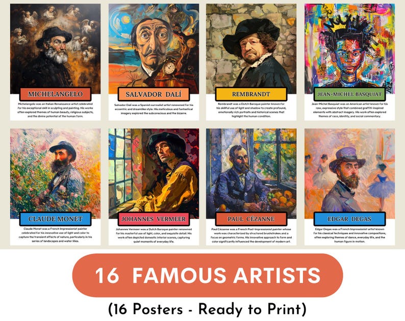 Famous Artists (set of 16), Art History, Art Classroom Decor, Art ...