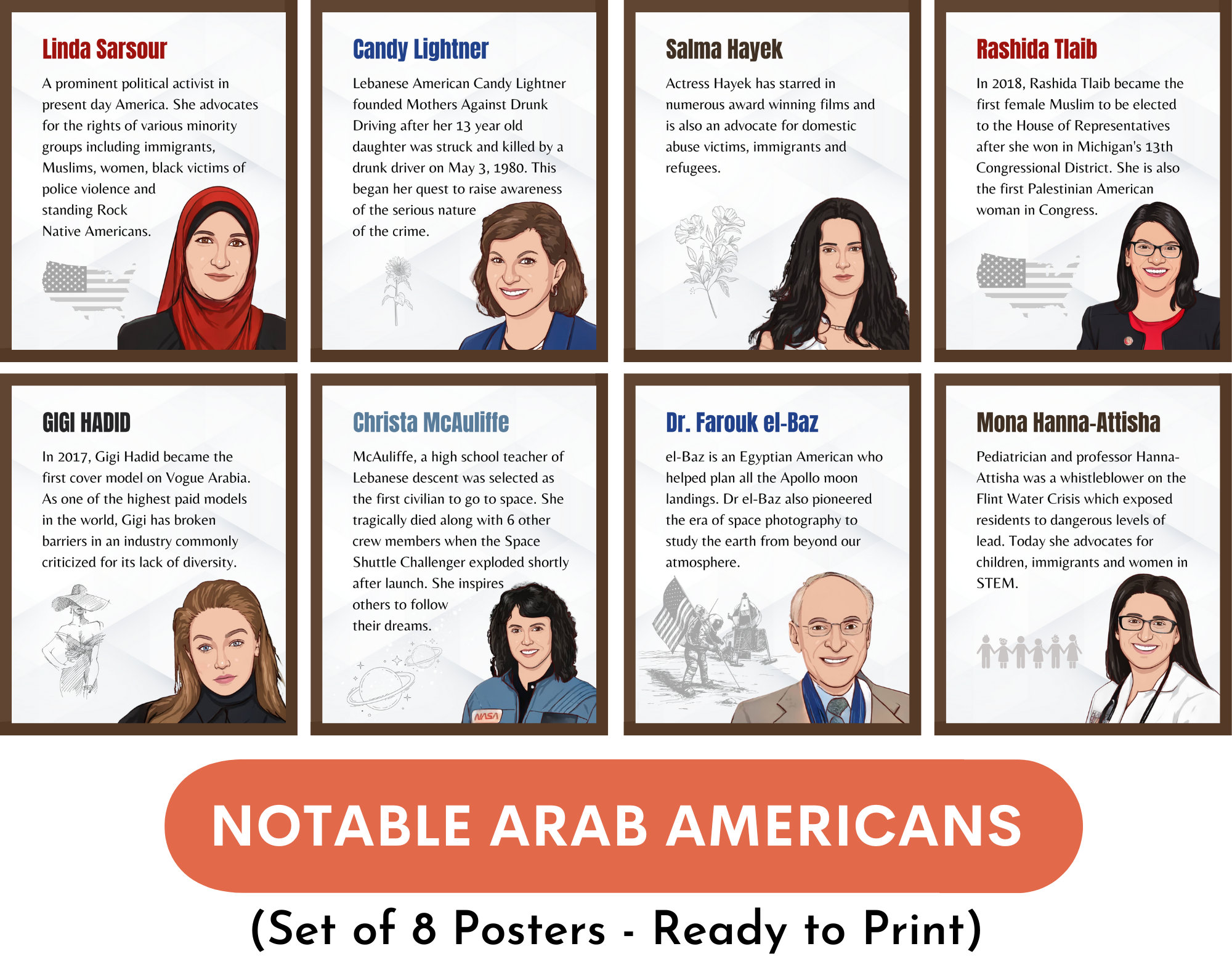Notable Arab American Leaders Postersset of 8, Arab American Heritage ...