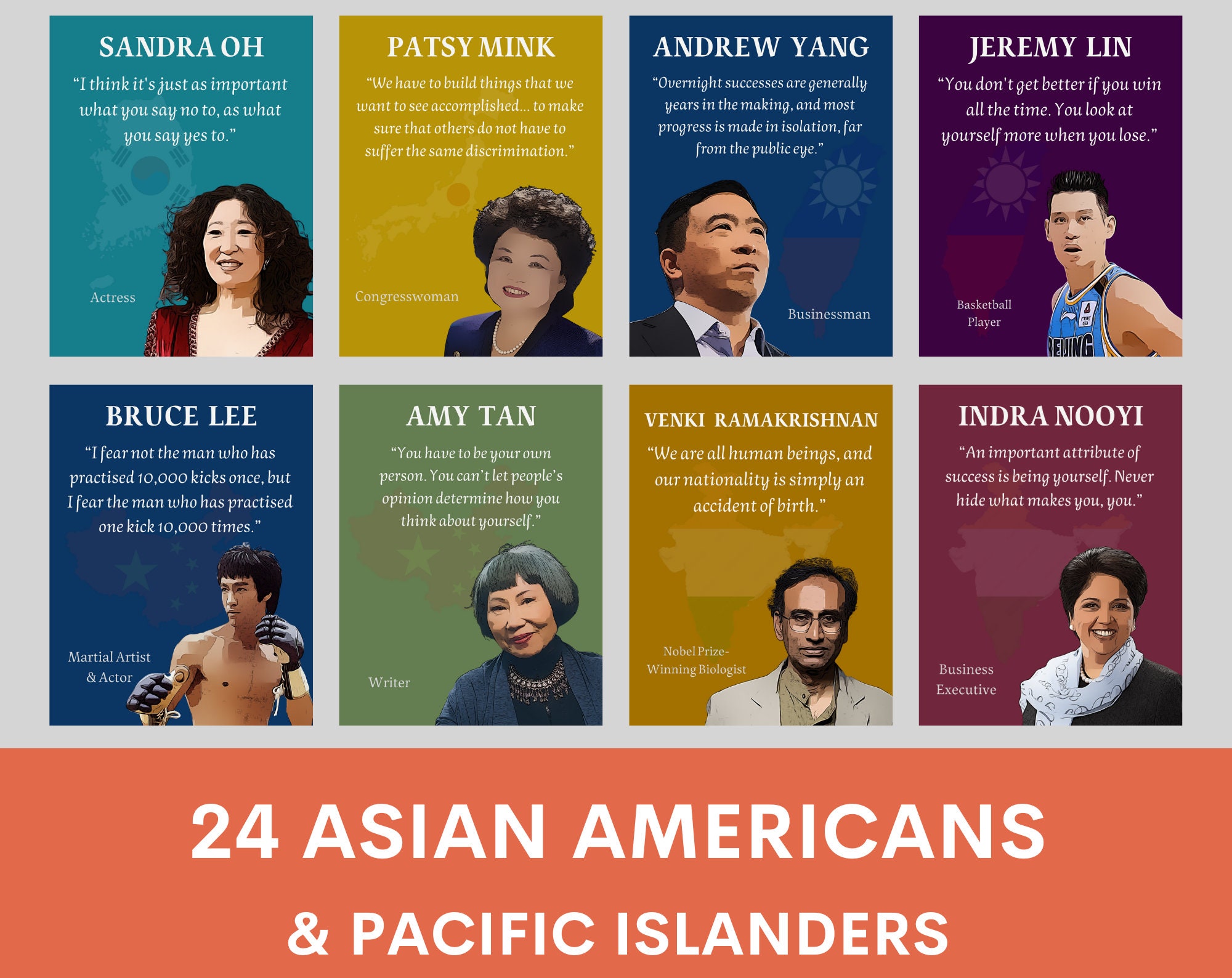 Famous Asian American Icons Posters set of 24, Famous Pacific Islanders ...