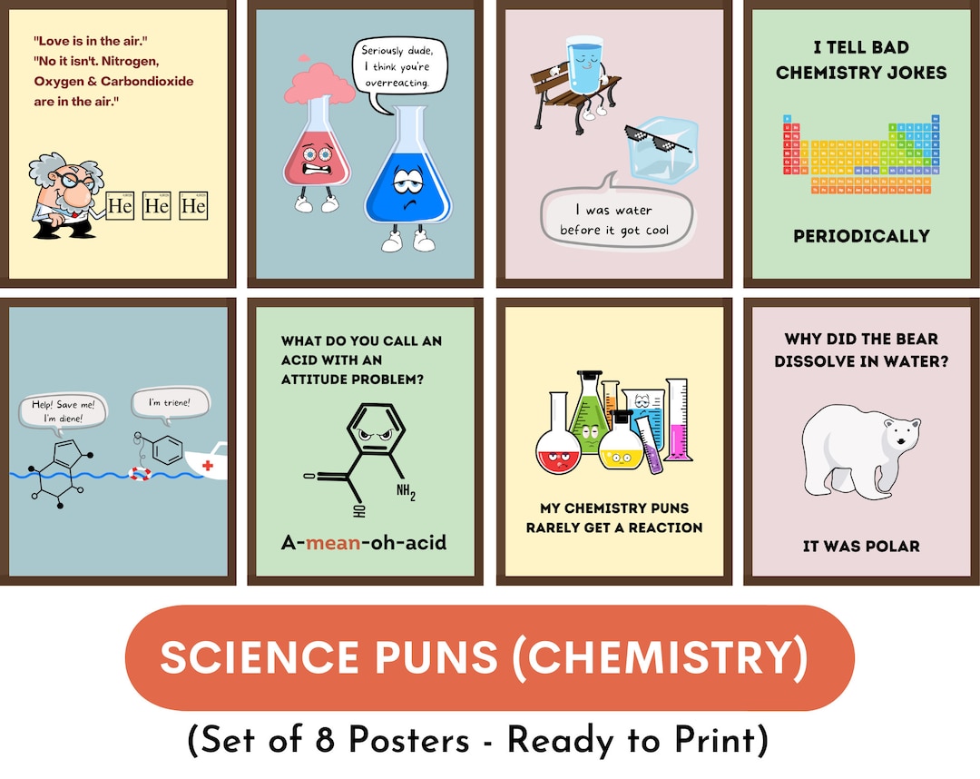 Set of 8 Funny Science Puns Posters, Chemistry Puns Posters, Science ...