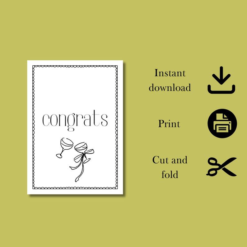 Printable Congrats Card Minimalist Champagne Glasses Design Instant ...