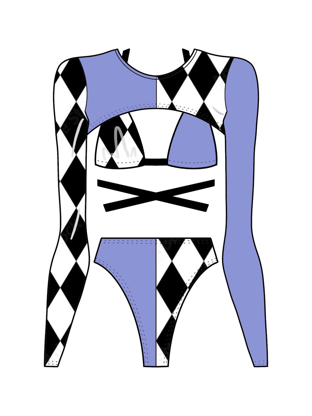 Lilac HARLEQUIN PRINT 3 PIECE Set, Bikini Top, Bottoms & Crop Top ...