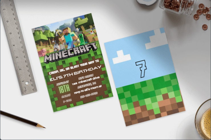 Minecraft Double Sided Digital Download Birthday Invitation - Etsy