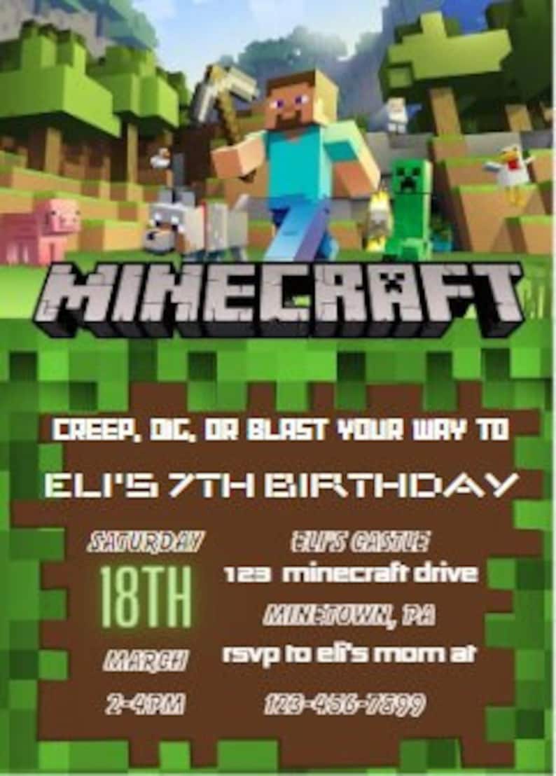 Minecraft Double Sided Digital Download Birthday Invitation - Etsy