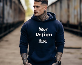 Gildan 18500 Navy Hooded Sweatshirt Mockup, Gildan 18500 Model Mockup ...