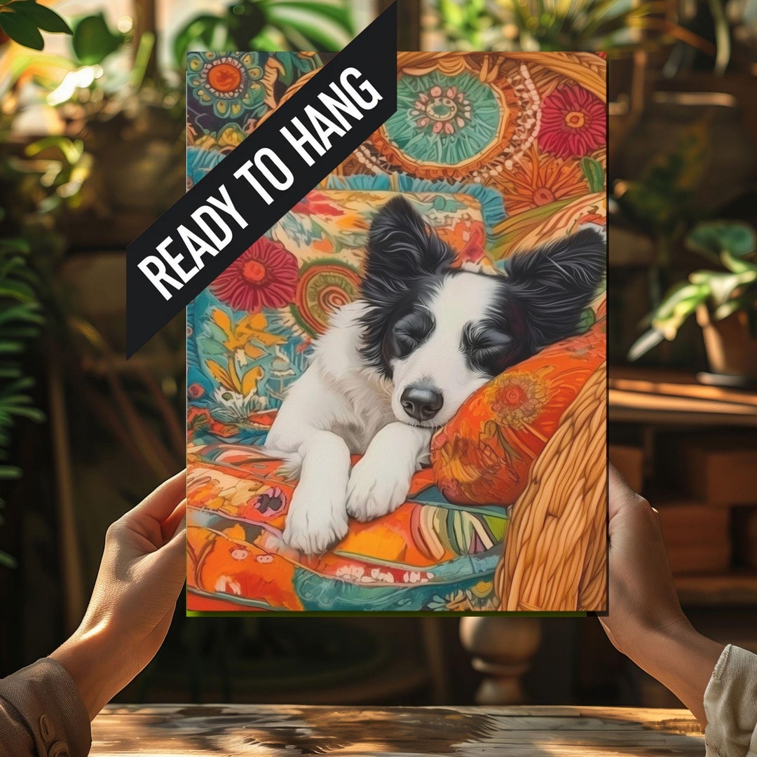 Border Collie Art, Black an White Senior Border Collie, Boho Wrapped ...
