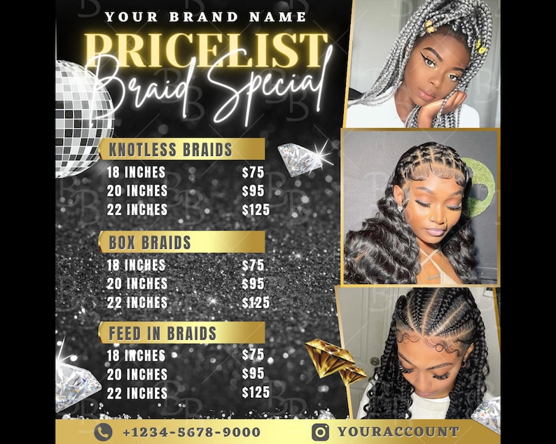 Braids Price List Flyer | Beauty Salon Hair Stylist DIY Instagram ...