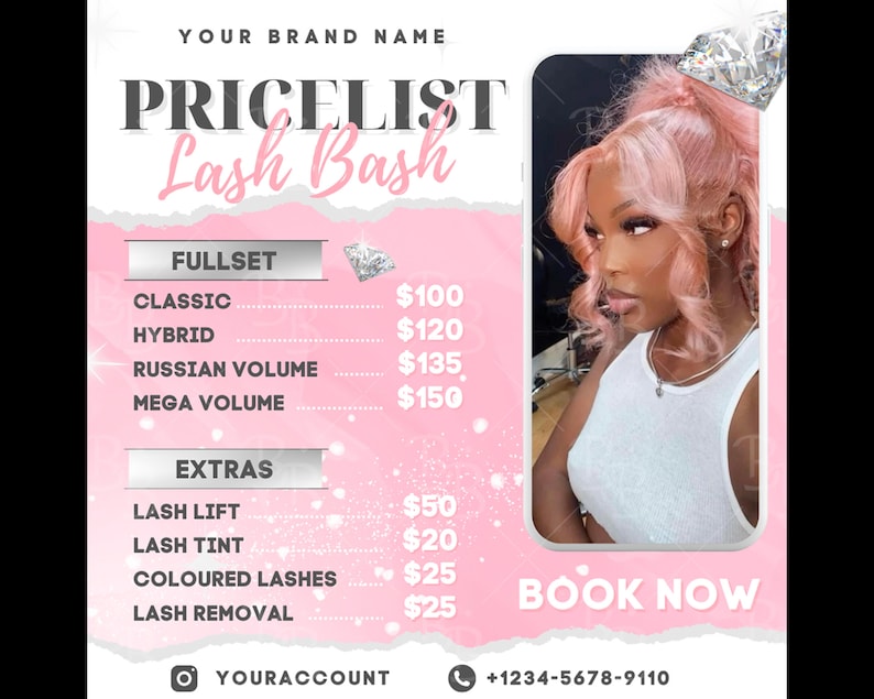 Lash Bash Pricelist Flyer Lashes Extensions Makeup Appointment MUA Salon Social Media Instagram ...