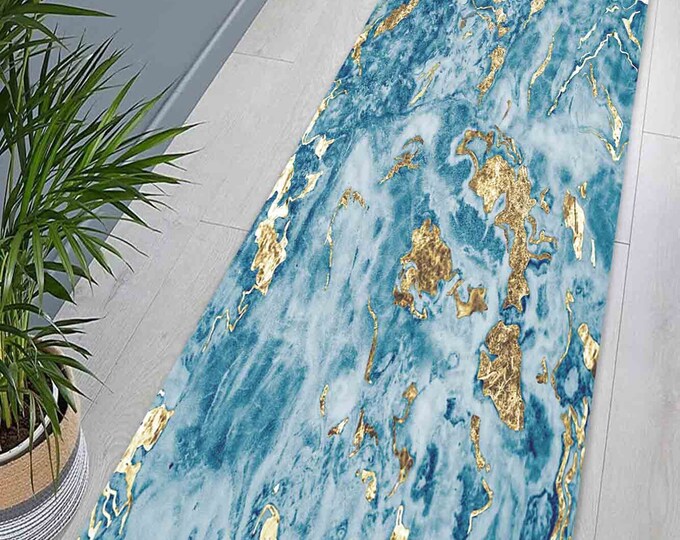 Blue and Gold Rugs, Shimmery Rug, Colorful Marble Rug, Modern Rug, Soft ...