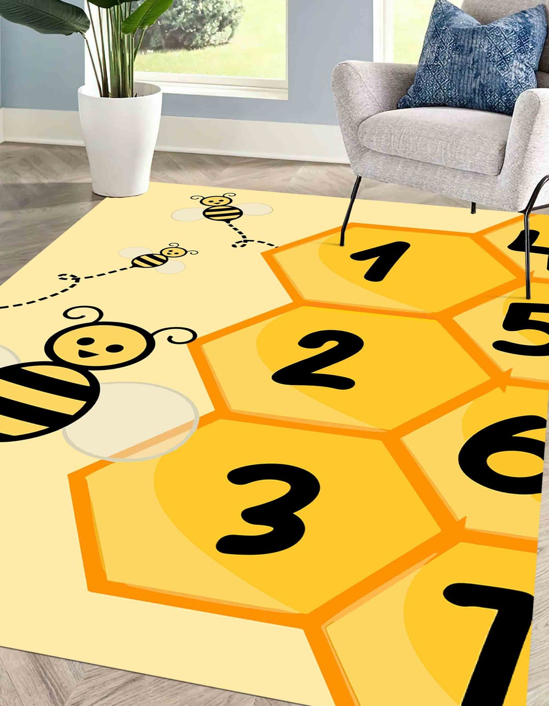 Cute Bee and Numbers Rug, Cute Bee Rugs, Yellow Rugs, Kids Room Rugs ...