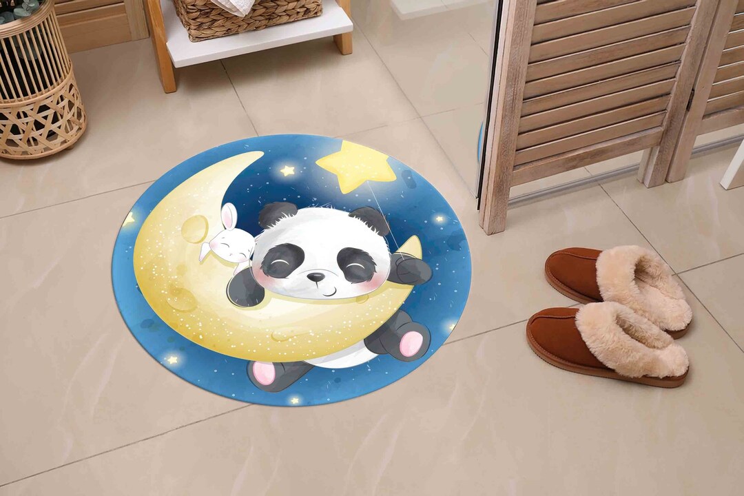 Cute Panda Rug, Blue Rug, Moon Rug, Kids Rug, Chenille Rug, Bedroom Rug ...