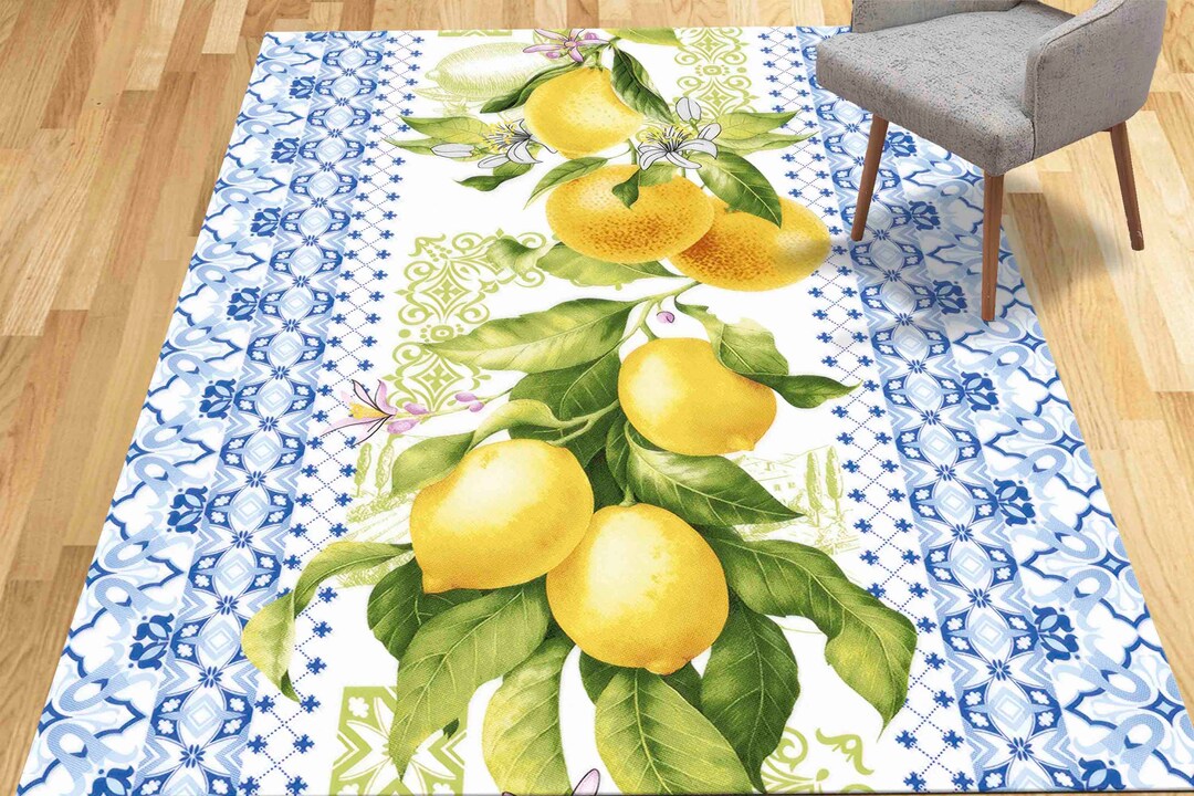 Lemon Pattern Rugs, Blue Rug, Kitchen Rug, Modern Rug, Thin Rug, Runner ...