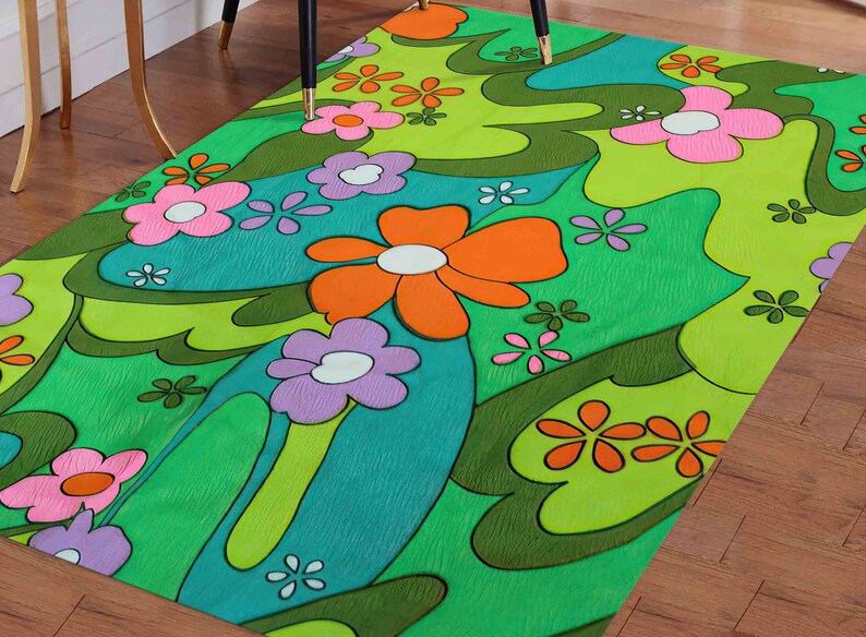 Groovy Tangerine Flower Rugs, Abstract Flower Rug, Trippy Danish Rug ...