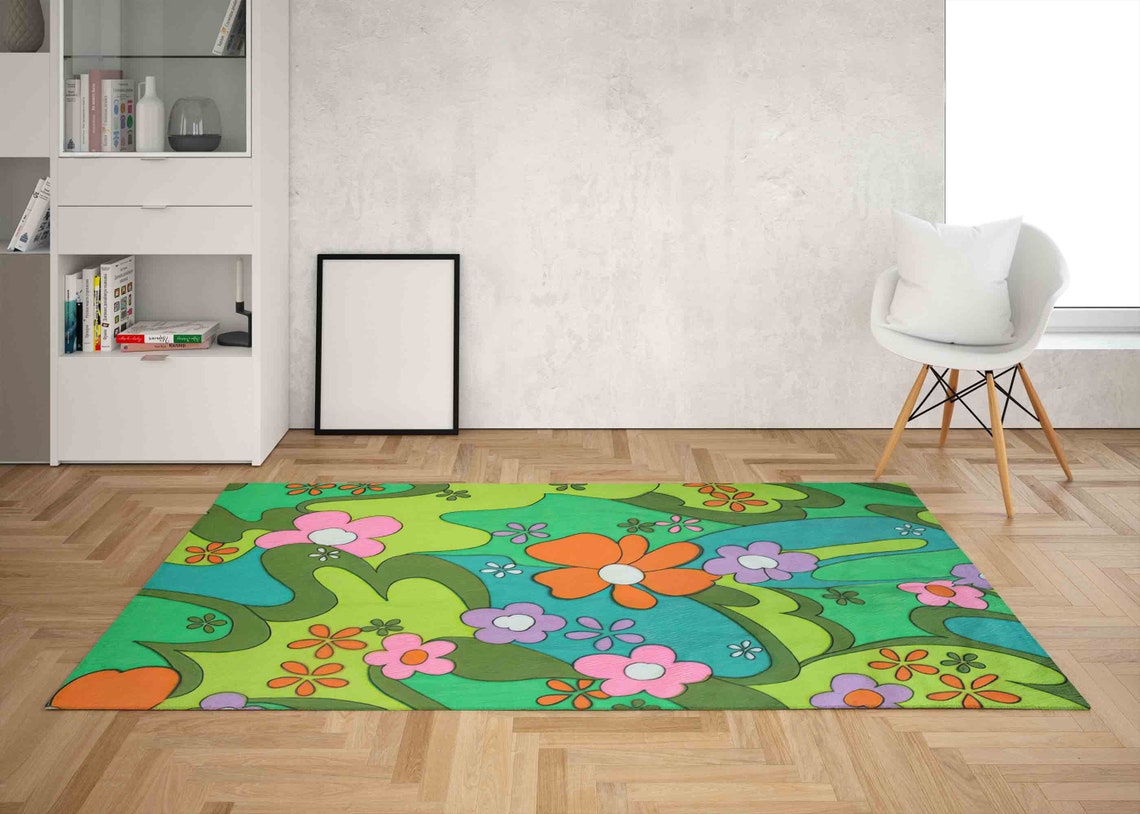 Groovy Tangerine Flower Rugs, Abstract Flower Rug, Trippy Danish Rug ...