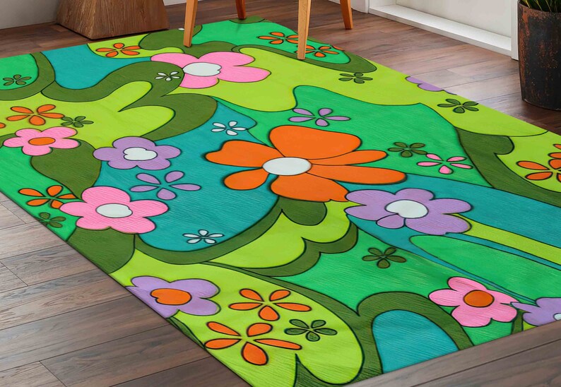 Groovy Tangerine Flower Rugs, Abstract Flower Rug, Trippy Danish Rug ...