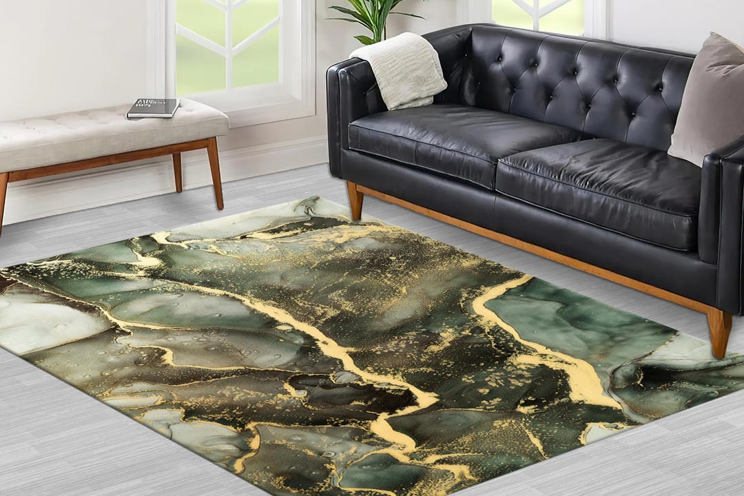 Green and Gold Marble Rug, Shimmery Rugs, Green Marble Rug, Alcohol Ink ...