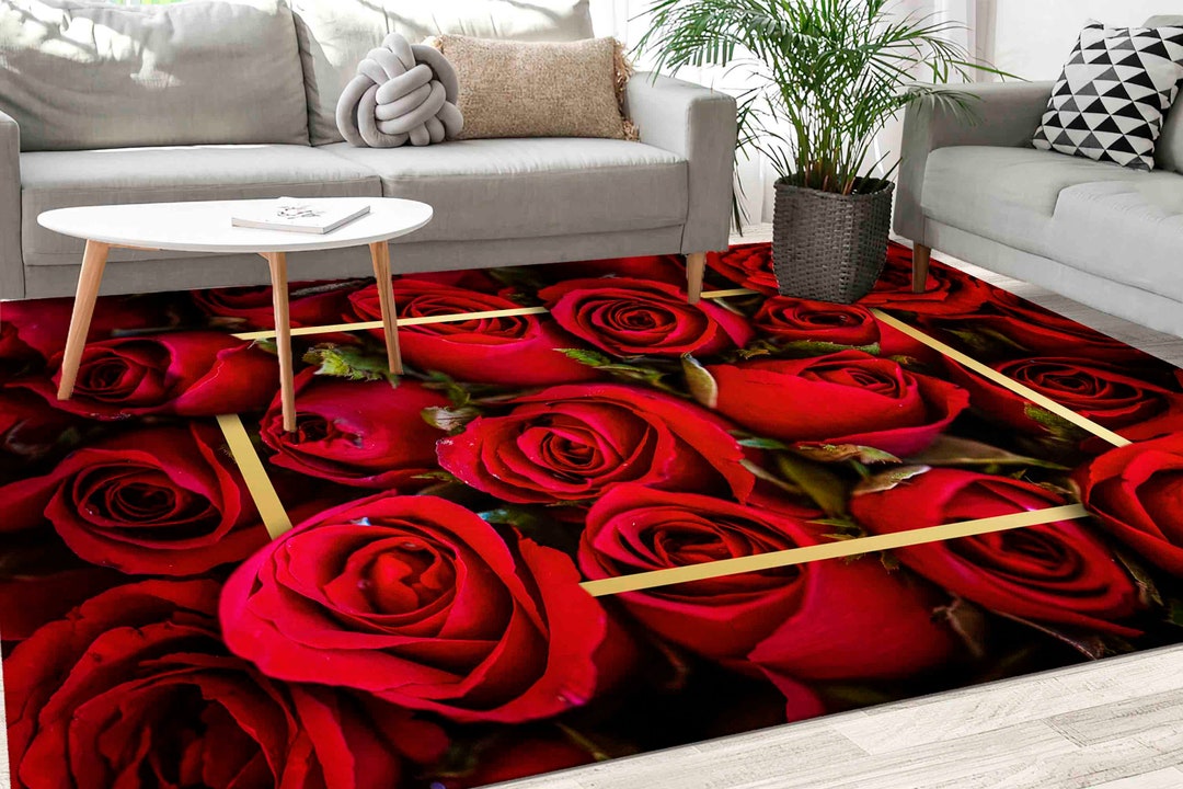 Rose Rugs, Gold Frame Rug, Red Rose Rug, Flower Rug, Red Rug, Dining ...