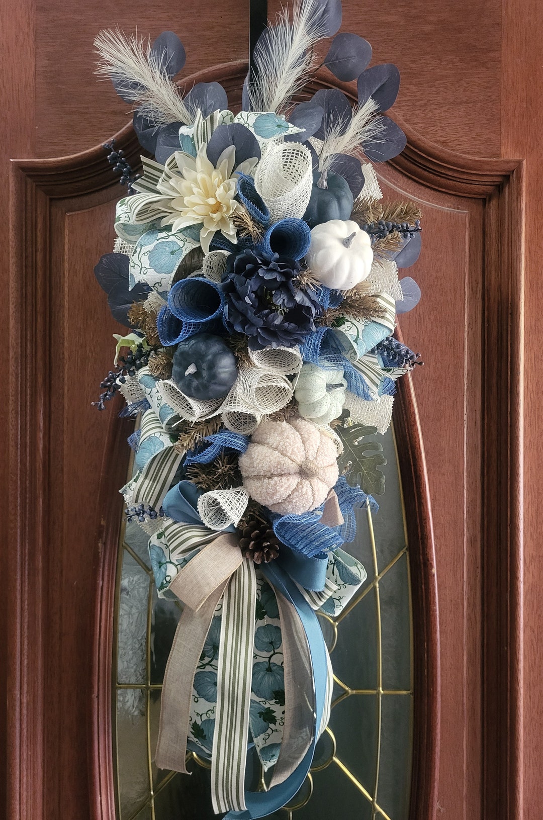 Blue/cream Fall Swag, Pumpkin Swag, Farmhouse Decor, Front Door Decor ...