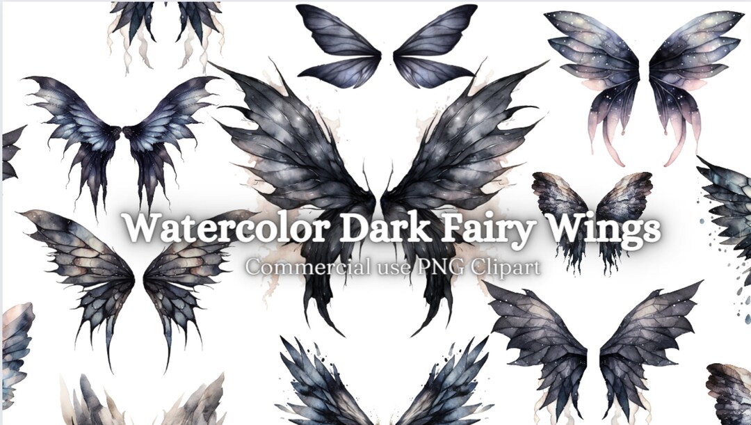 Dark Fairy Wings Clipart, Fantasy Black Fairy Wing PNG, Watercolor ...