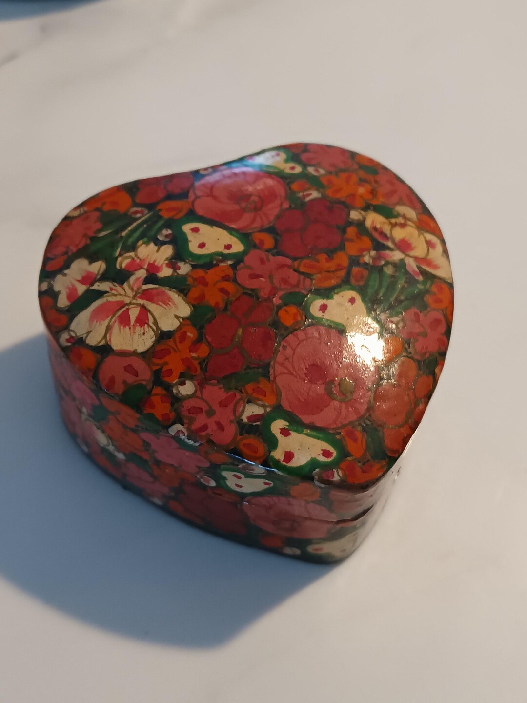 Vintage Kashmir Lacquer Floral Hand Painted Trinket Box Paper Mache ...