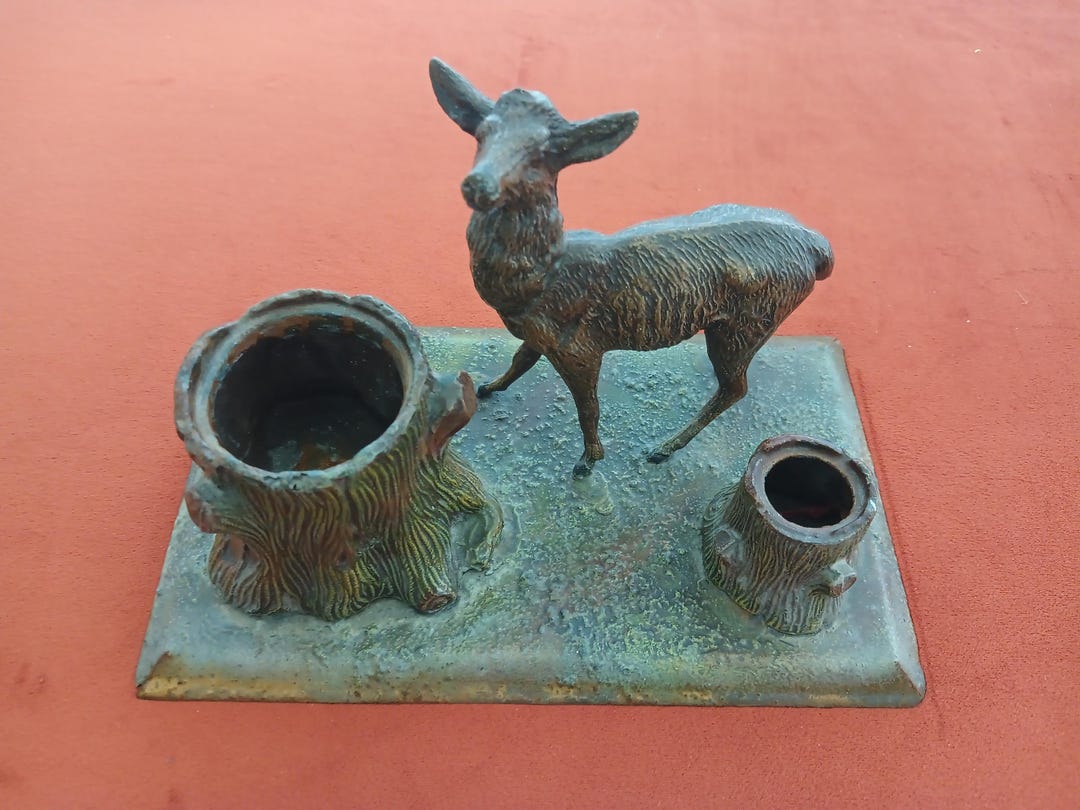 Vintage Heyde Germany Metal Figural Deer W/ Tree Trunk Large Inkwell ...