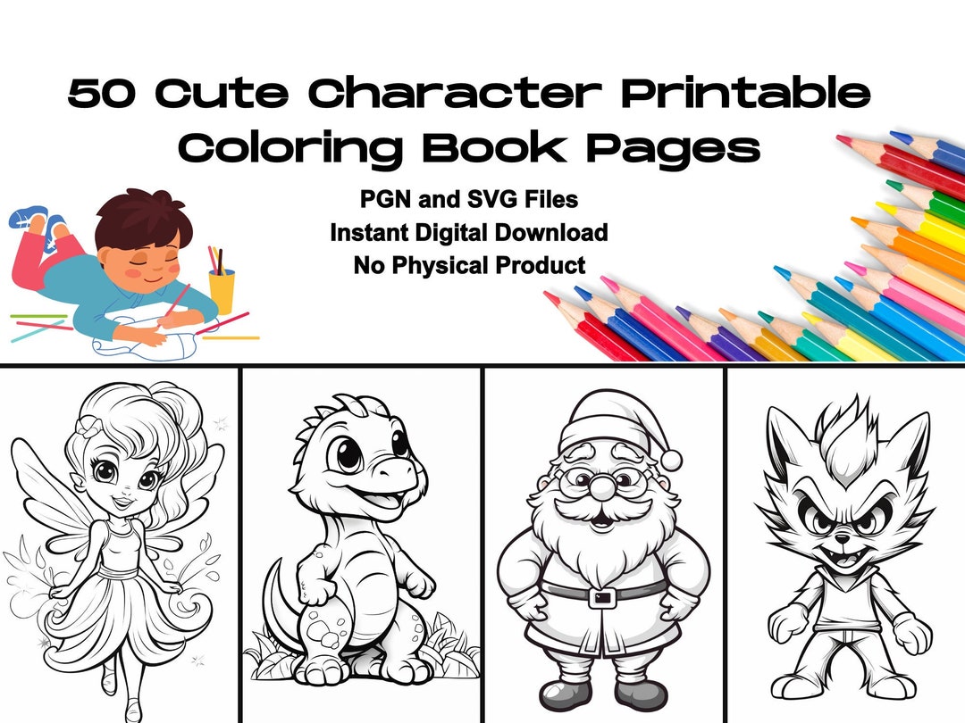 50 Cute Characters Coloring Book Pages Bundle 50 Printable Files, PNG ...