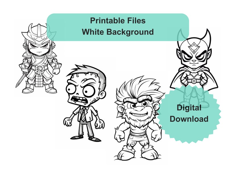 50 Cute Characters Coloring Book Pages Bundle 50 Printable Files, PNG ...