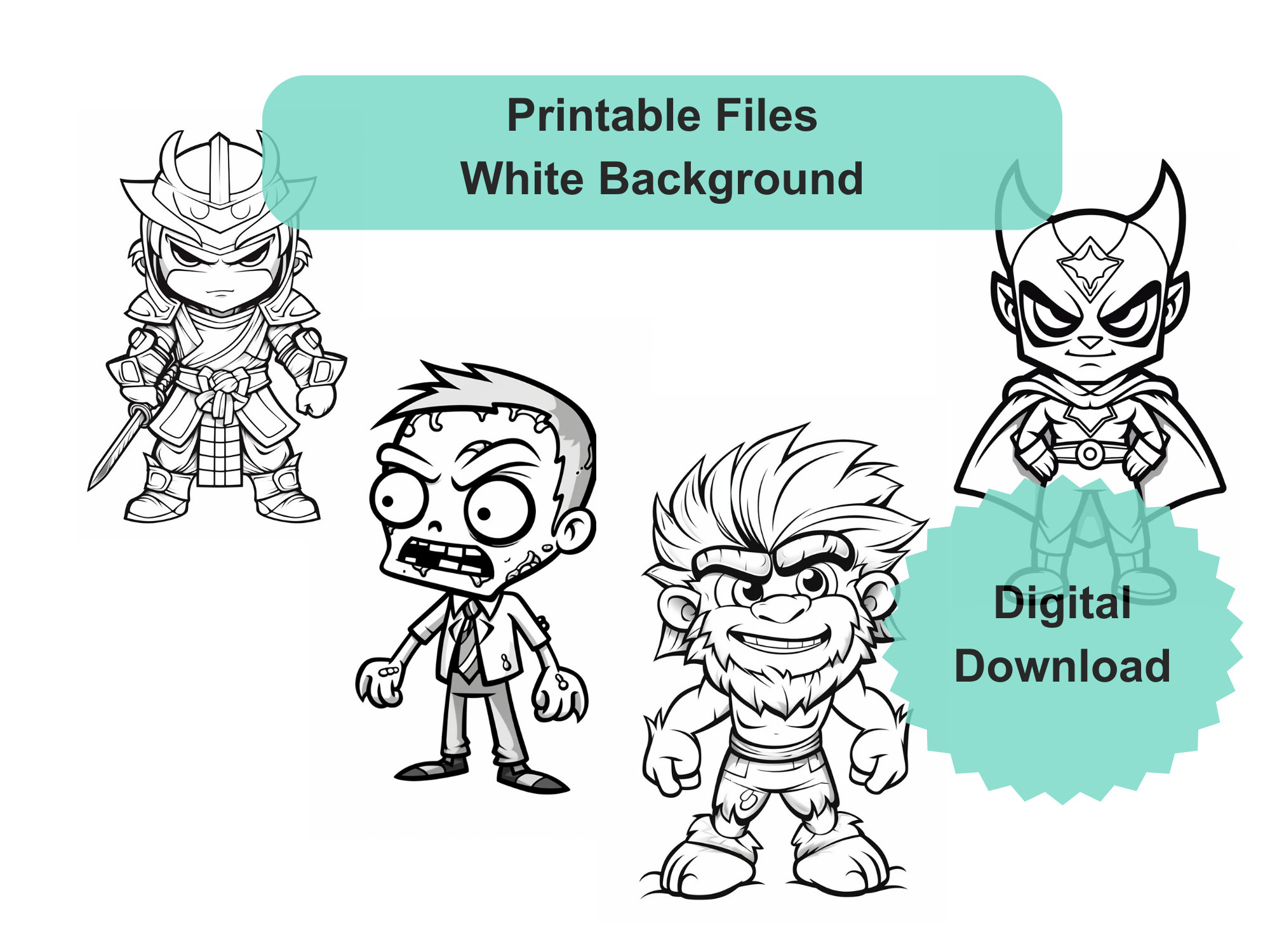 50 Cute Characters Coloring Book Pages Bundle 50 Printable Files, PNG ...