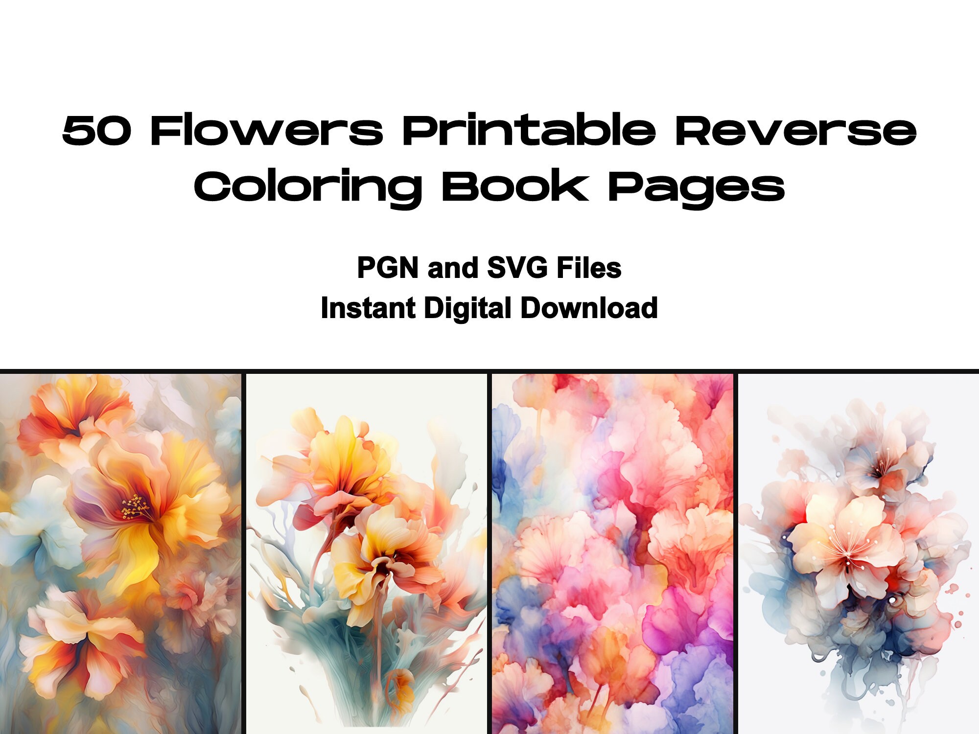50 Watercolor Flower Reverse Coloring Pages Bundle 50 Printable Files ...