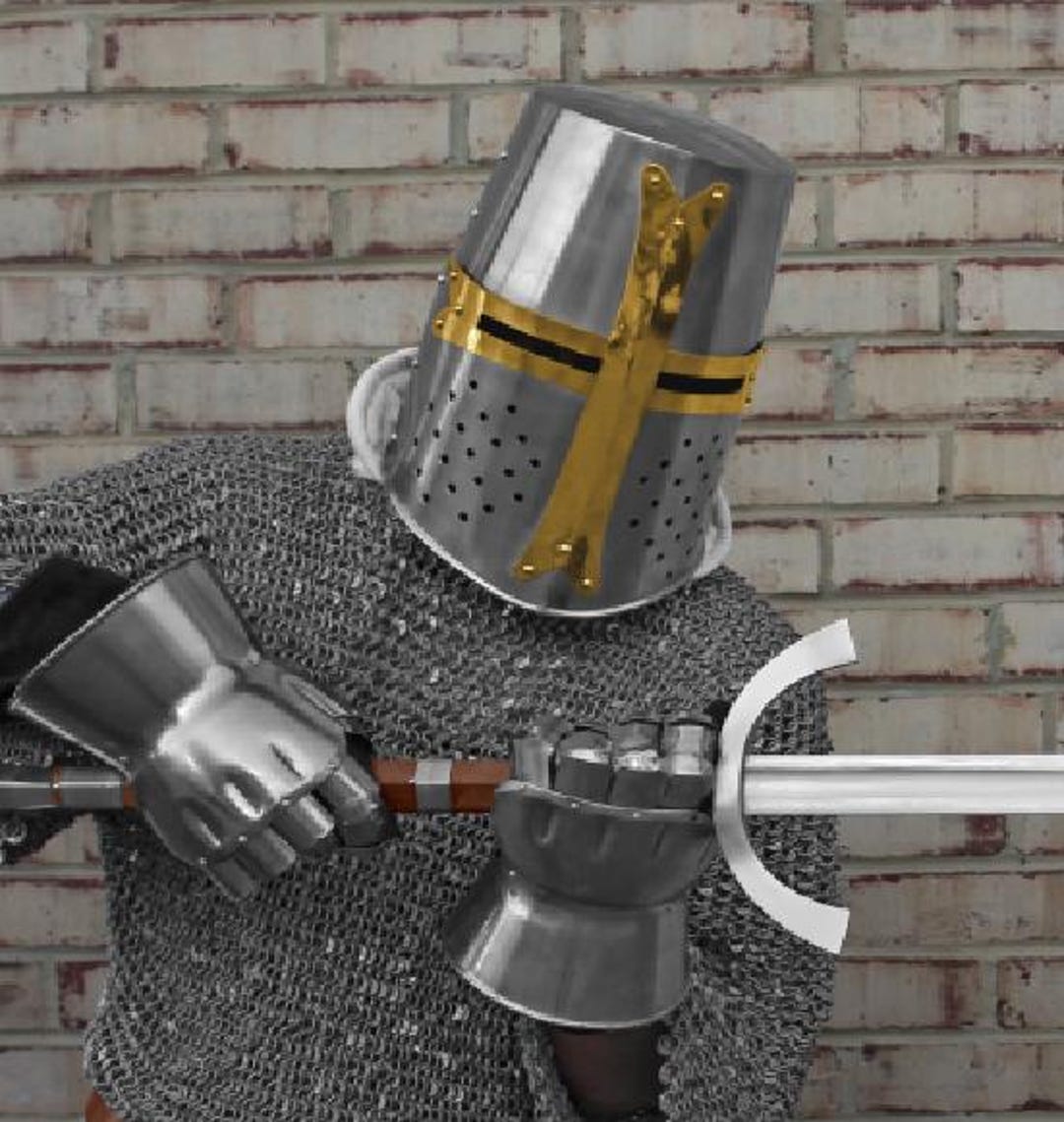 Medieval Crusader Helmet – 14” Brass & Steel Barrel Helm – Handmade ...