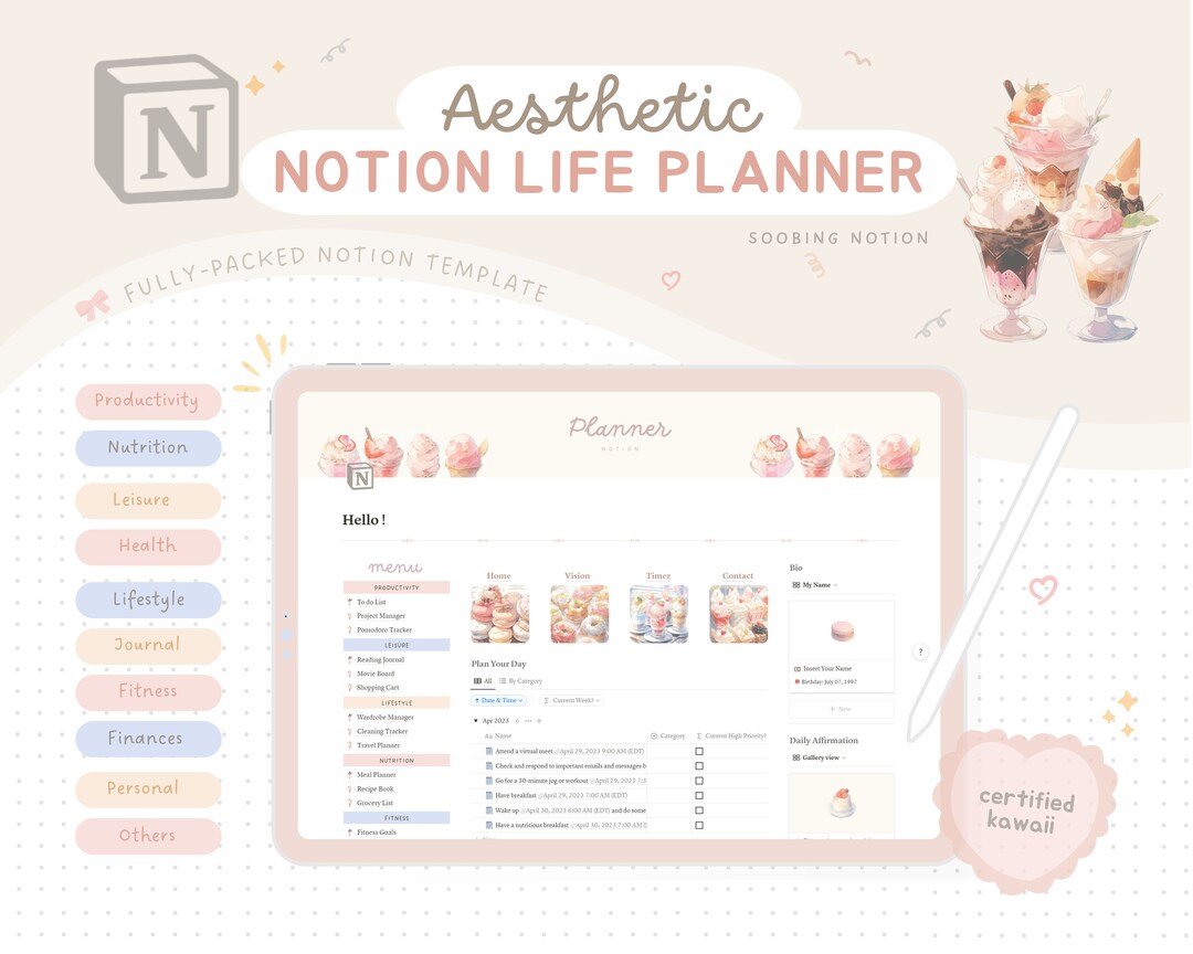 Kawaii Notion Template Life Planner Dashboard Digital Planner Notion ...