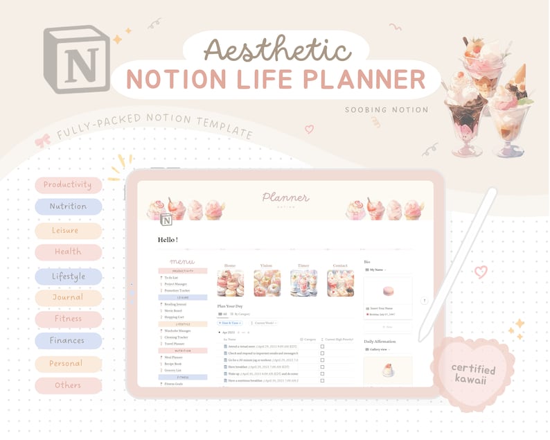 Kawaii Notion Template Life Planner Dashboard Digital Planner Notion ...