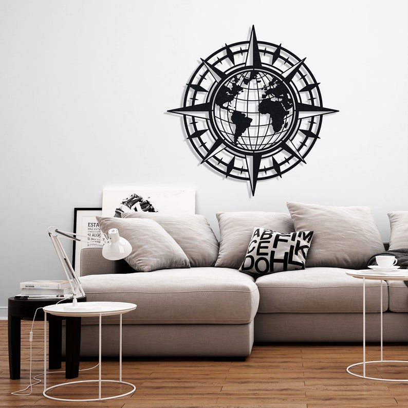 World Map and Compass Metal Wall Art - Etsy