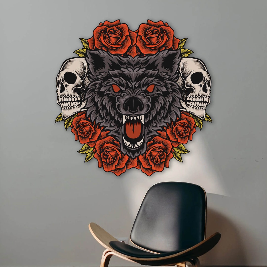 Wolf N' Roses Colored Metal Wall Art - Etsy
