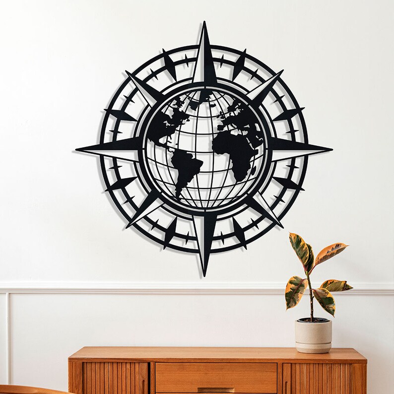 World Map and Compass Metal Wall Art - Etsy