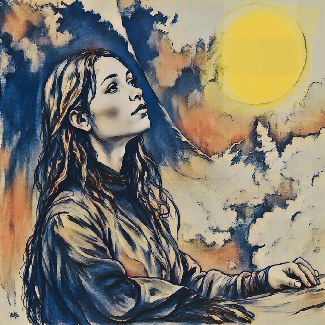 Surreal Woman Portrait Wall Art Print – Dreamy Sky and Sun Painting ...