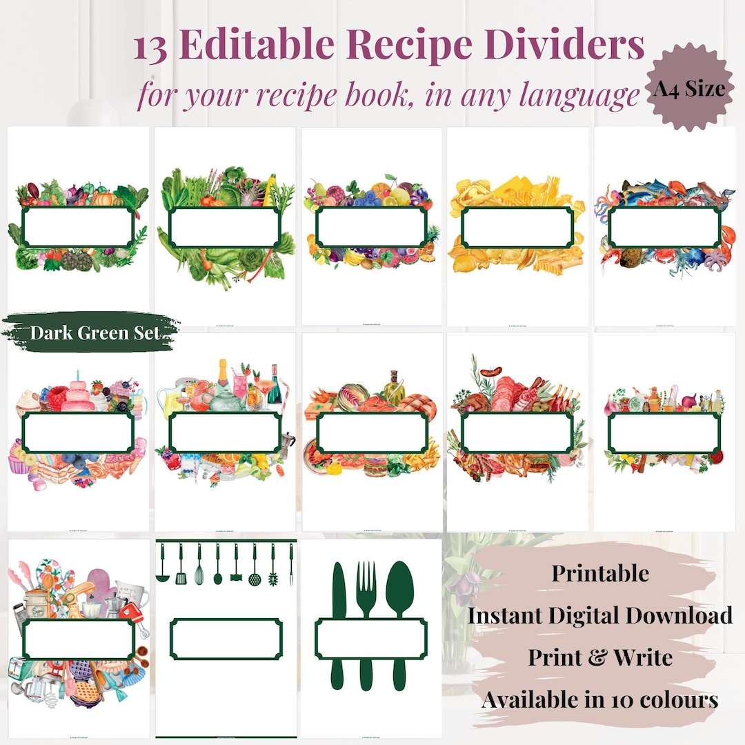 Dark Green - 13 EDITABLE Recipe Dividers PDF, A4, Clean, Sheet, Binder ...