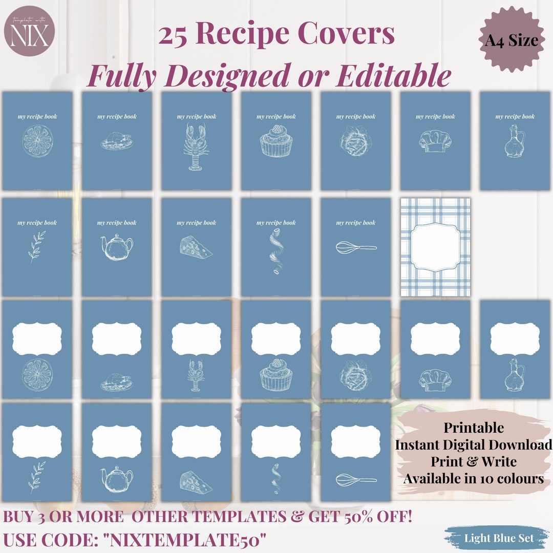 Light Blue - 25 Recipe Covers, Editable or Fully Designed for Recipe ...