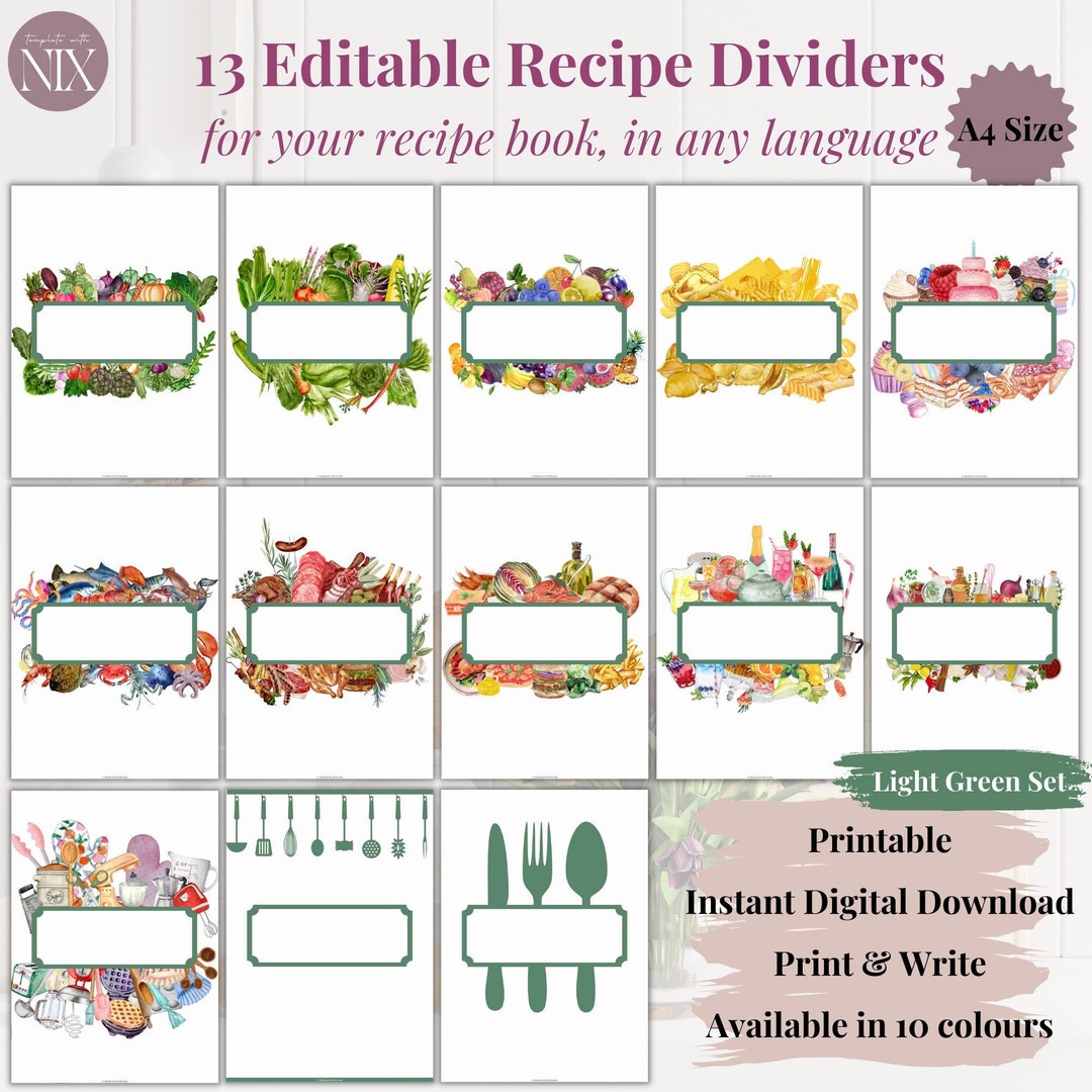 Light Green - 13 EDITABLE Recipe Dividers PDF, A4, Clean, Sheet, Binder ...