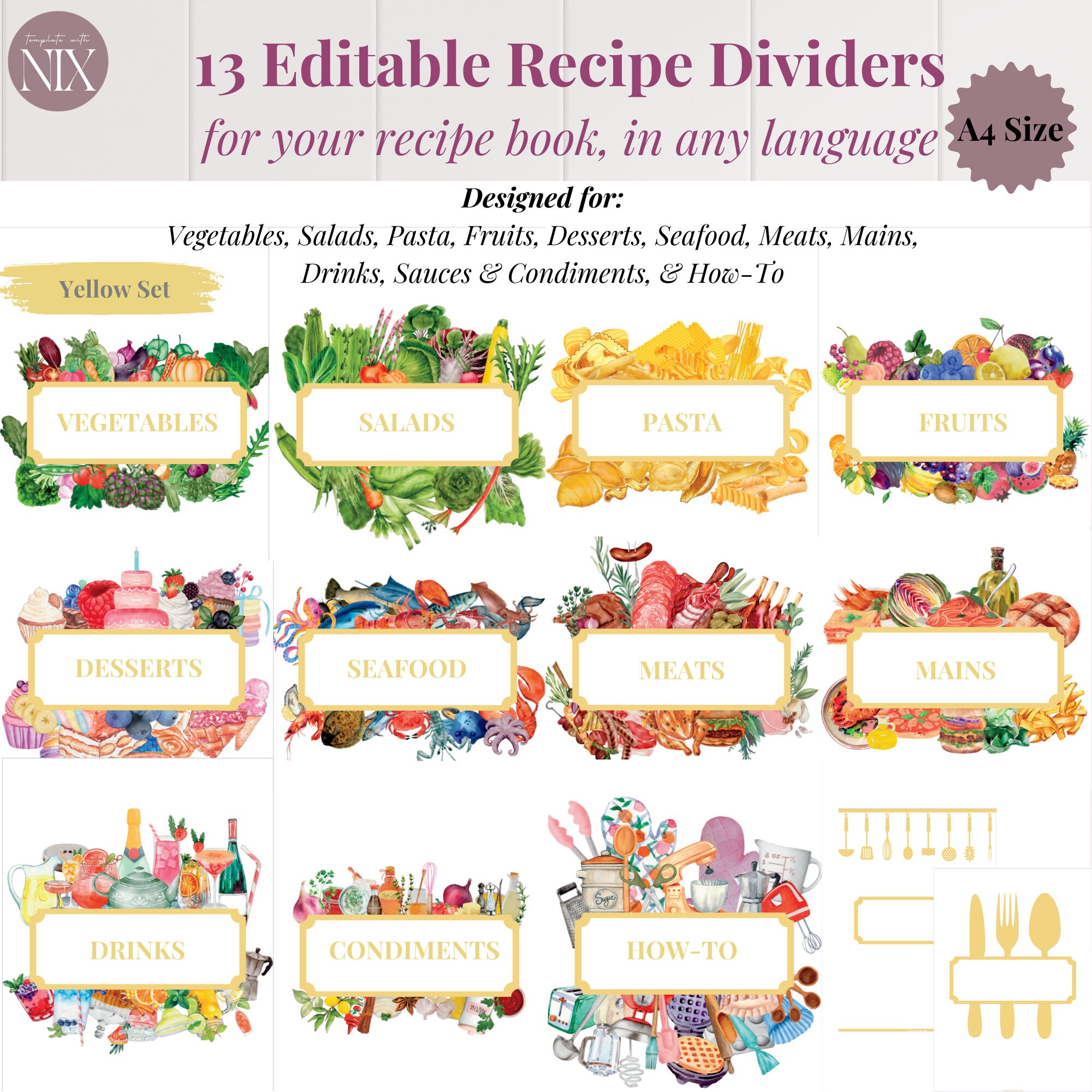 Light Blue - 13 EDITABLE Recipe Dividers PDF, A4, Clean, Sheet, Binder ...
