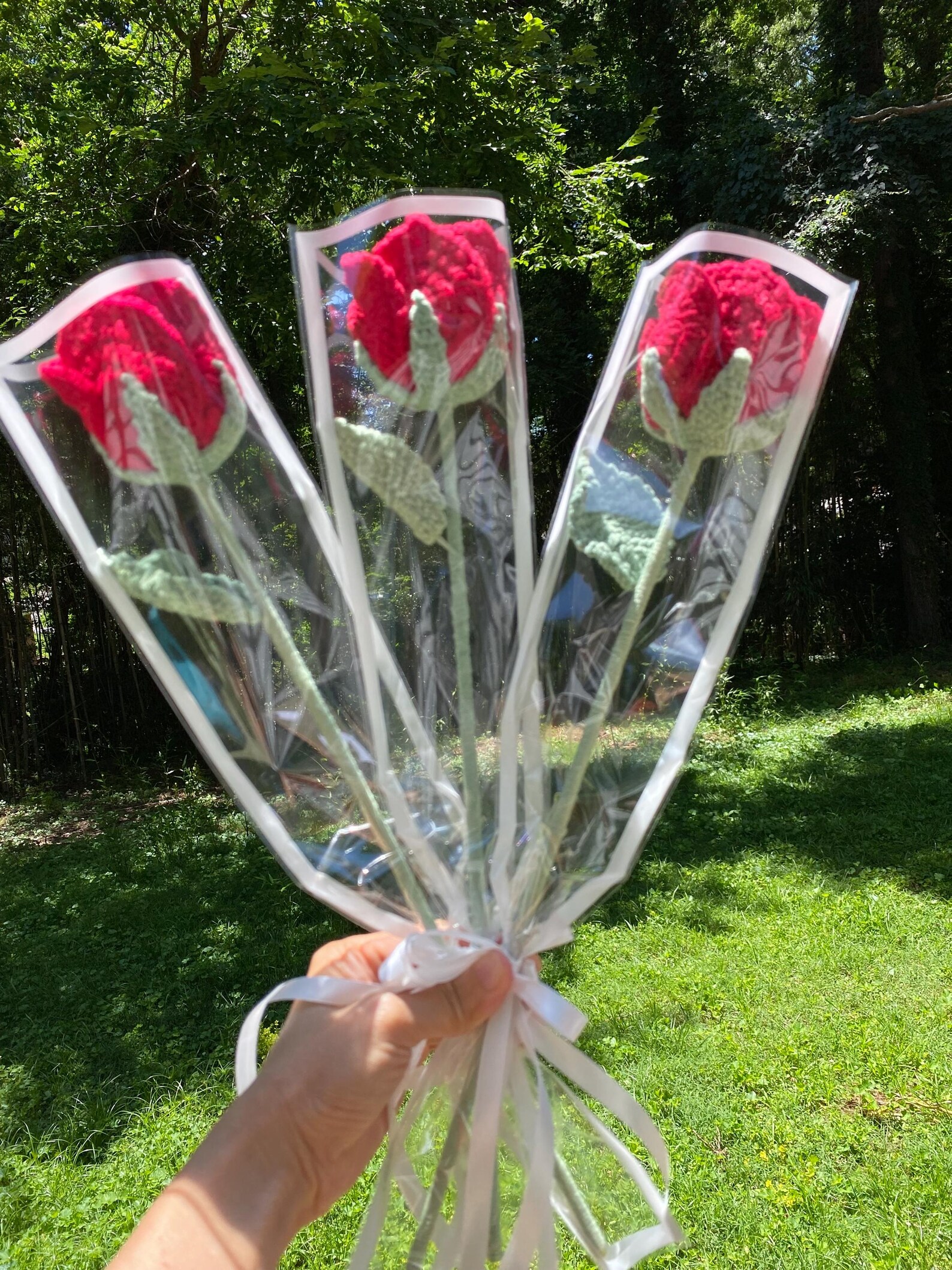 Single Crocheted Rose Flower Bouquet, Handmade Red Rose Gift ...