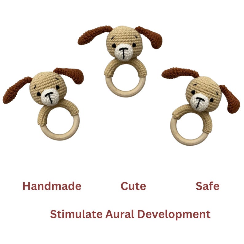 Cute Crocheted Dog Toy Rattle for Babies, Wooden Rattle Ring for Babies ...