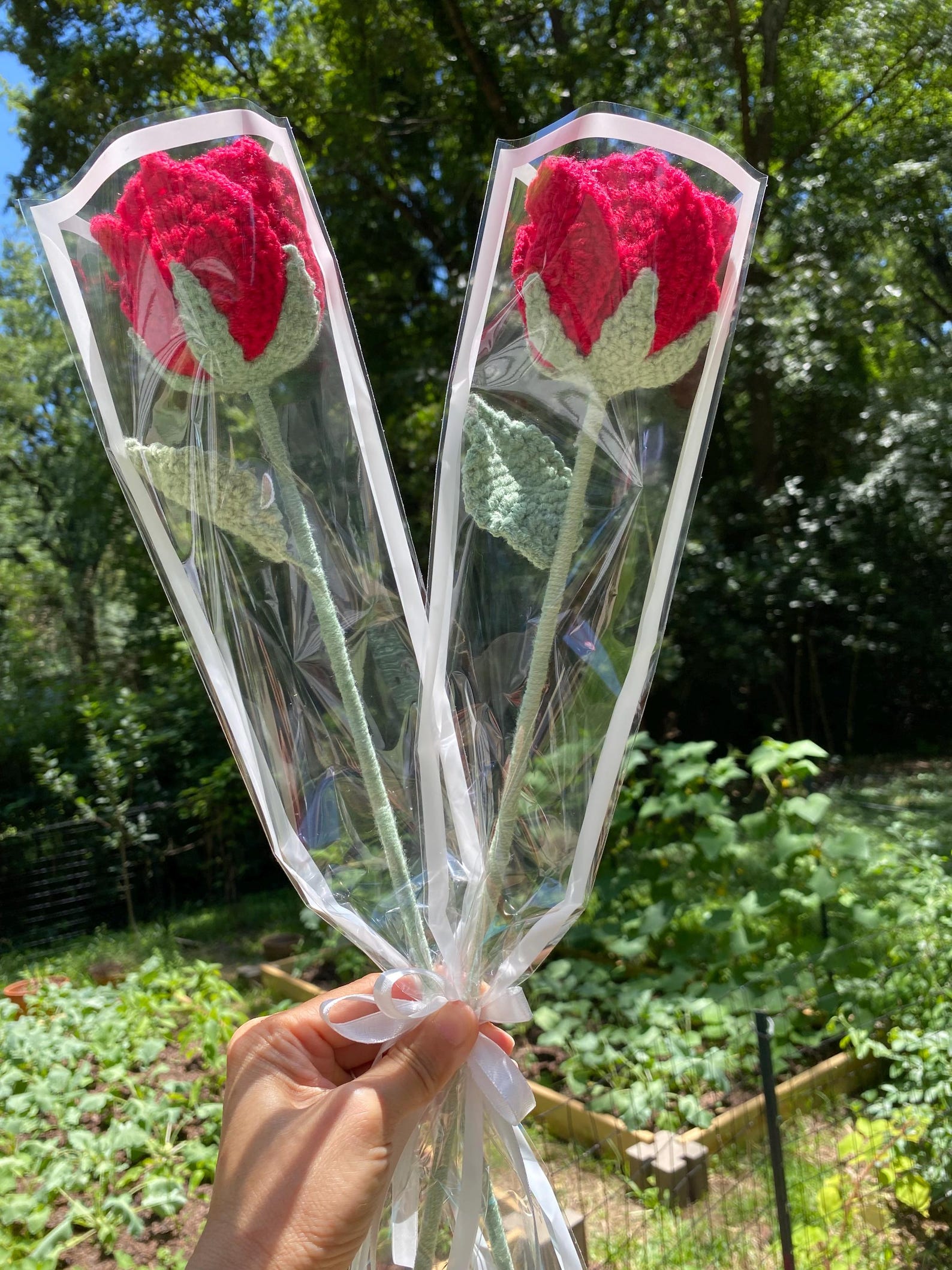 Single Crocheted Rose Flower Bouquet, Handmade Red Rose Gift ...