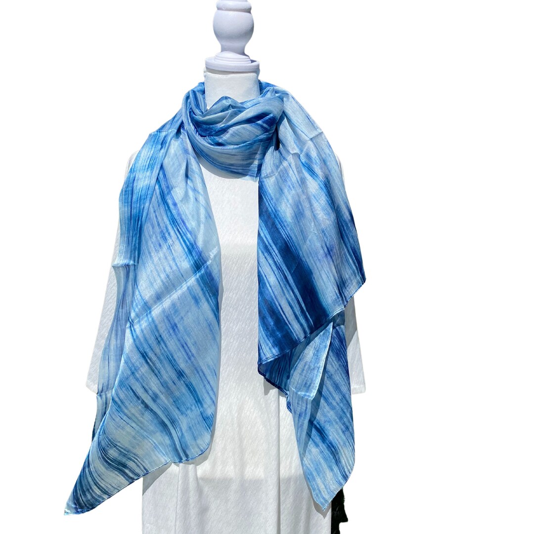 Pure Silk Scarf, Blue and White Pure Silk Scarf, Real Silk Long Shawl ...