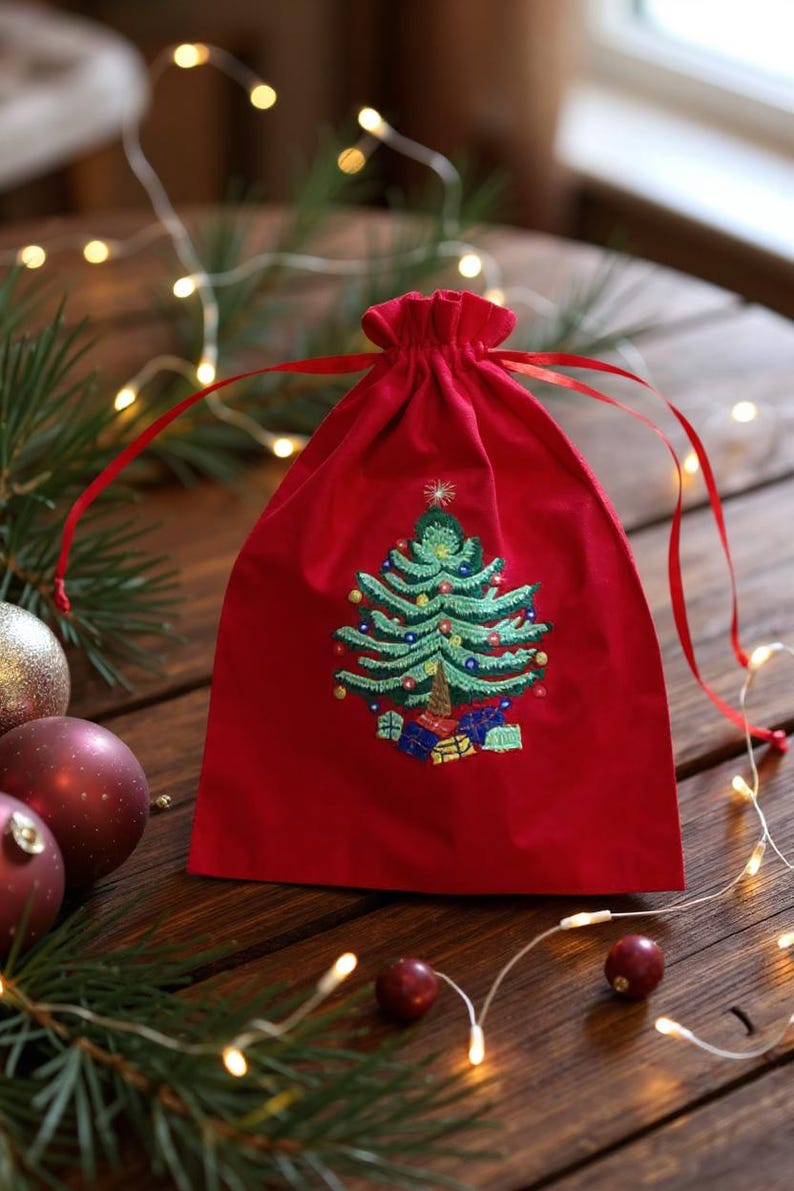 Red Linen Christmas Gift Bag, Santa Gift Sack, Christmas Tree Gift Bag ...