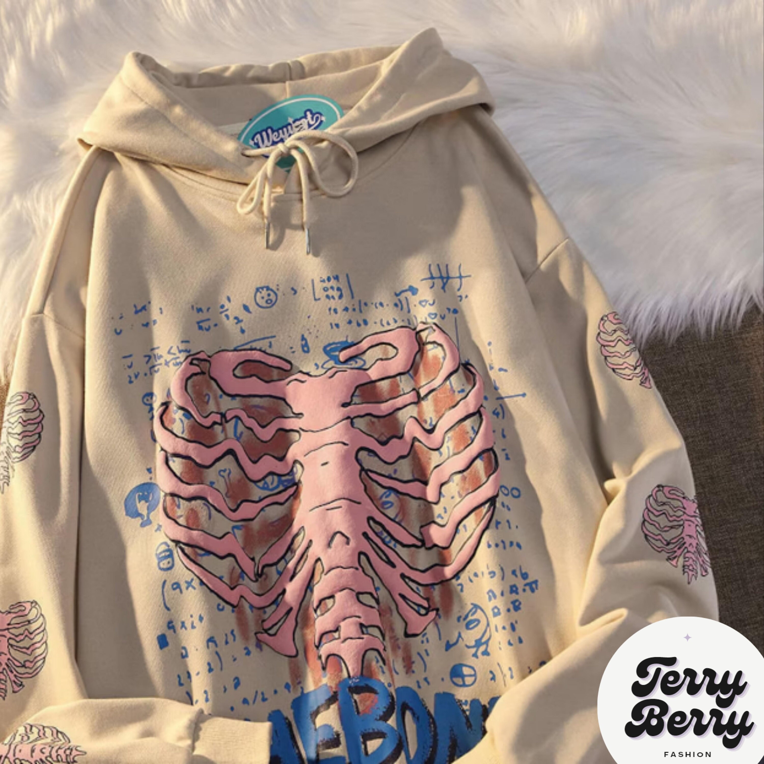 Y2K Bone Loose Hoodie, Skeleton Grunge Streetwear Pullover, Skeleton ...