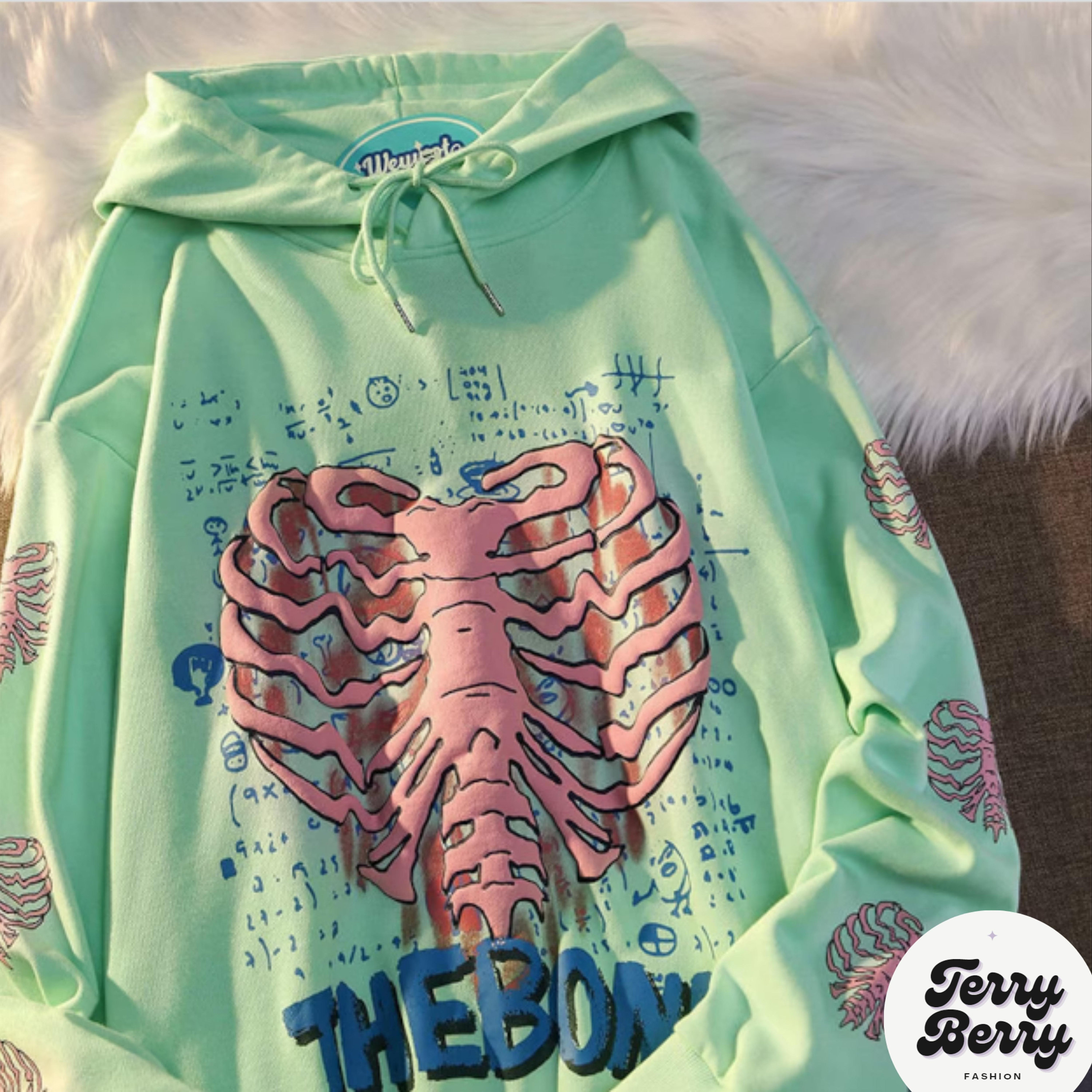 Y2K Bone Loose Hoodie, Skeleton Grunge Streetwear Pullover, Skeleton ...