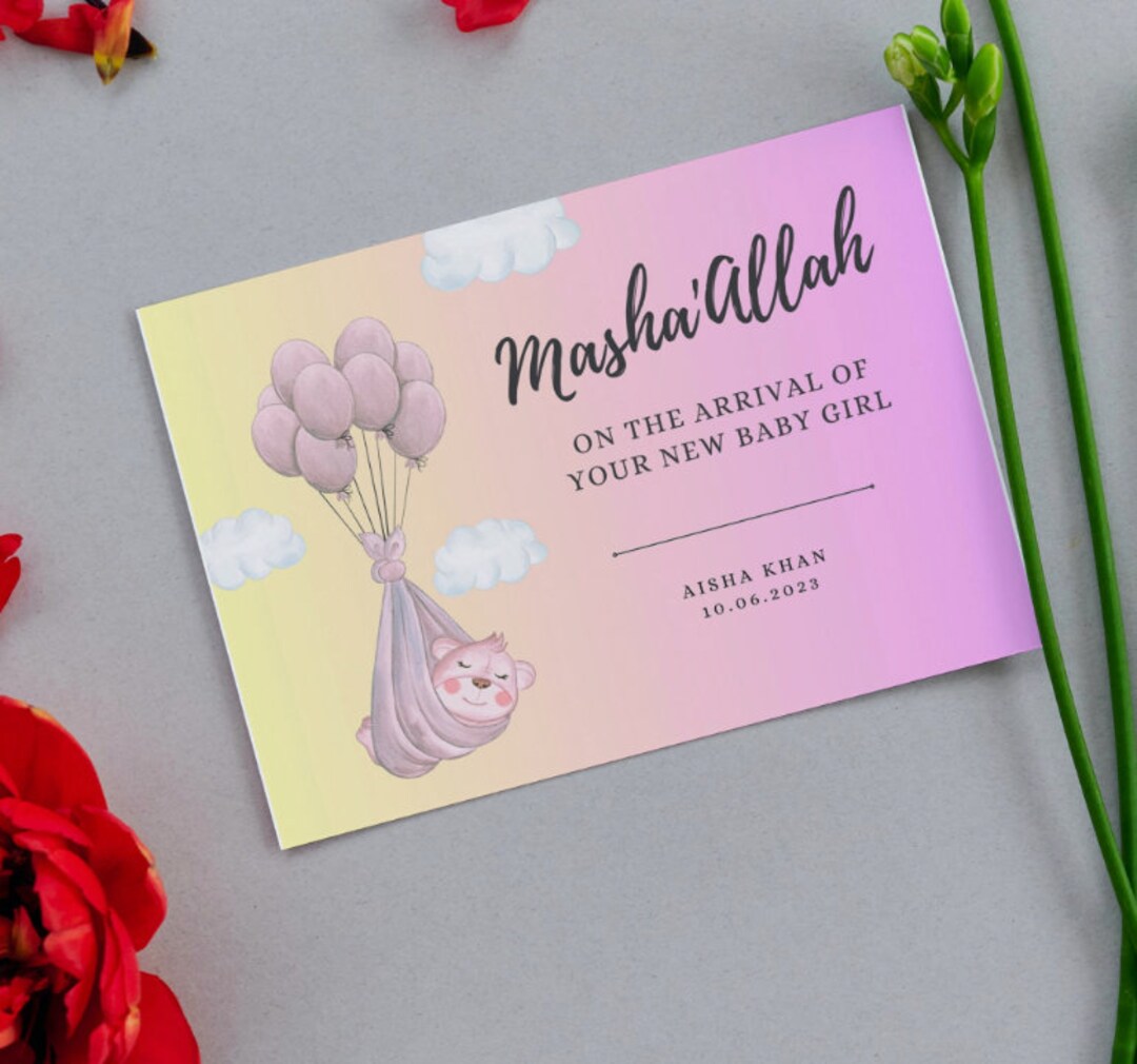 Masha'allah Newborn Baby Girl Card, Muslim Baby Card, New Baby Gift ...
