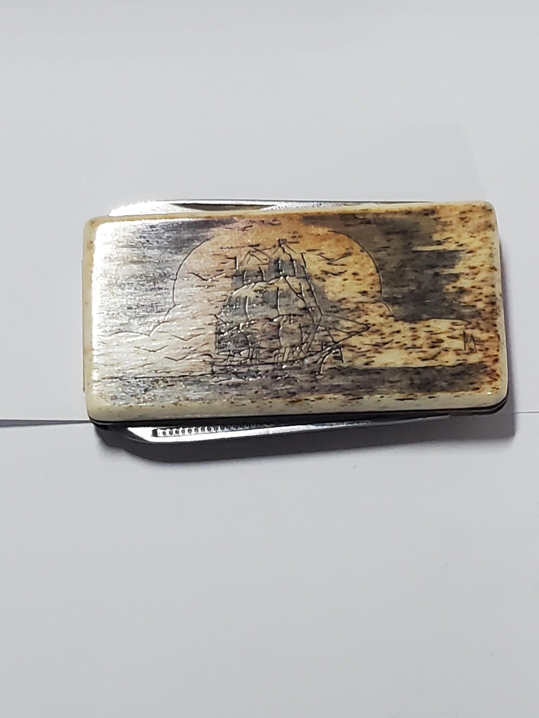 Vintage National Blade Money Clip Folding Knife W/scrimshaw Sailing ...